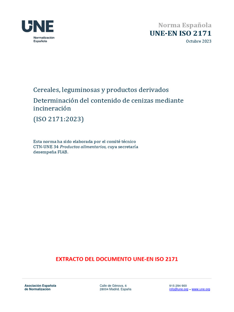 Norma UNE-EN ISO 2171:2023 sobre cenizas | PDF | Cereales ...