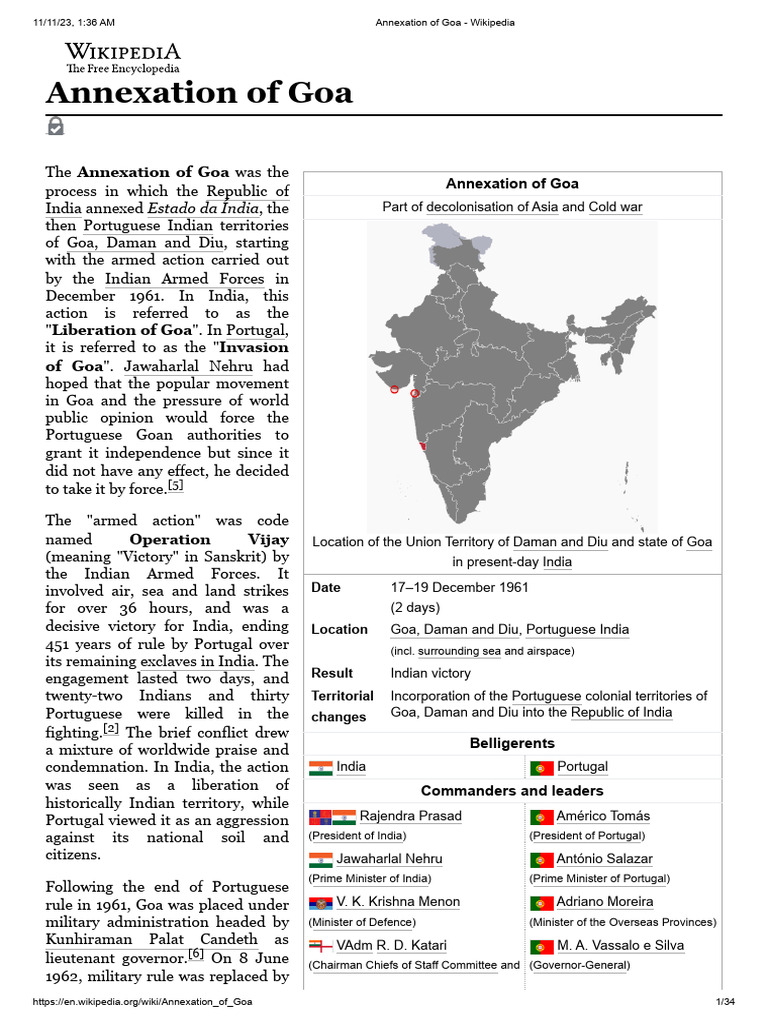 Annexation of Goa - Wikipedia Real | PDF | Military Science | Military