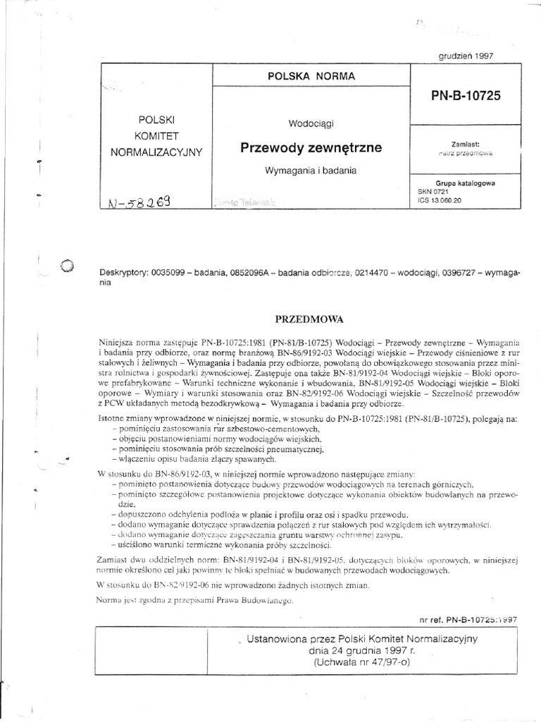 PN B 10725 1997 Przewody Wodociag | PDF