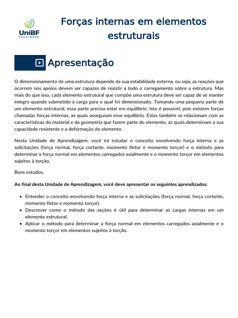 Forças Internas em Estruturas | PDF | Flexão (Física) | Estresse (Mecânica)