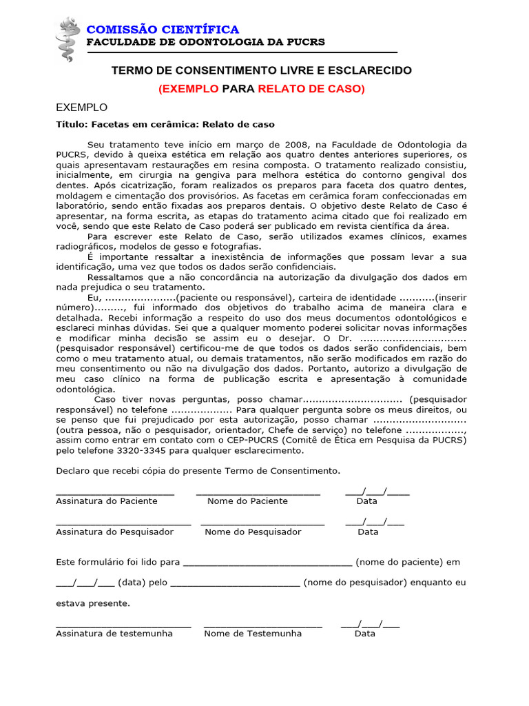 Termo de Consentimento Livre e Esclarecido Relato Caso | Download ...