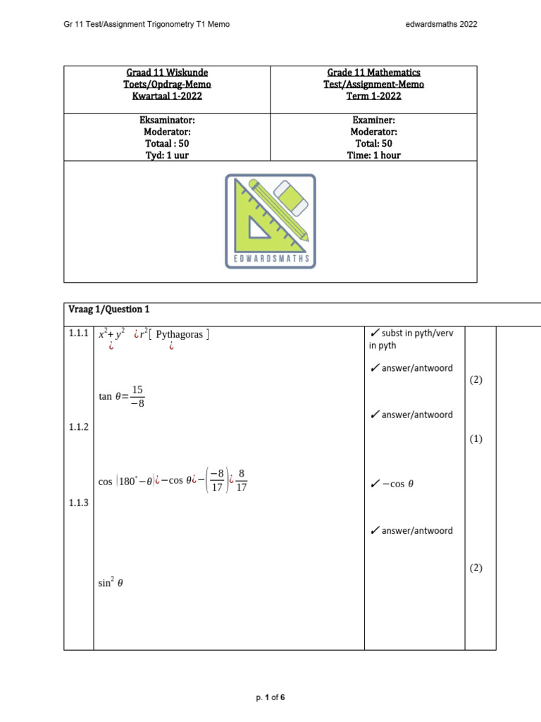 Grade 11 Trigonometry Test Memo T1 | PDF | Algebra | Mathematical Analysis