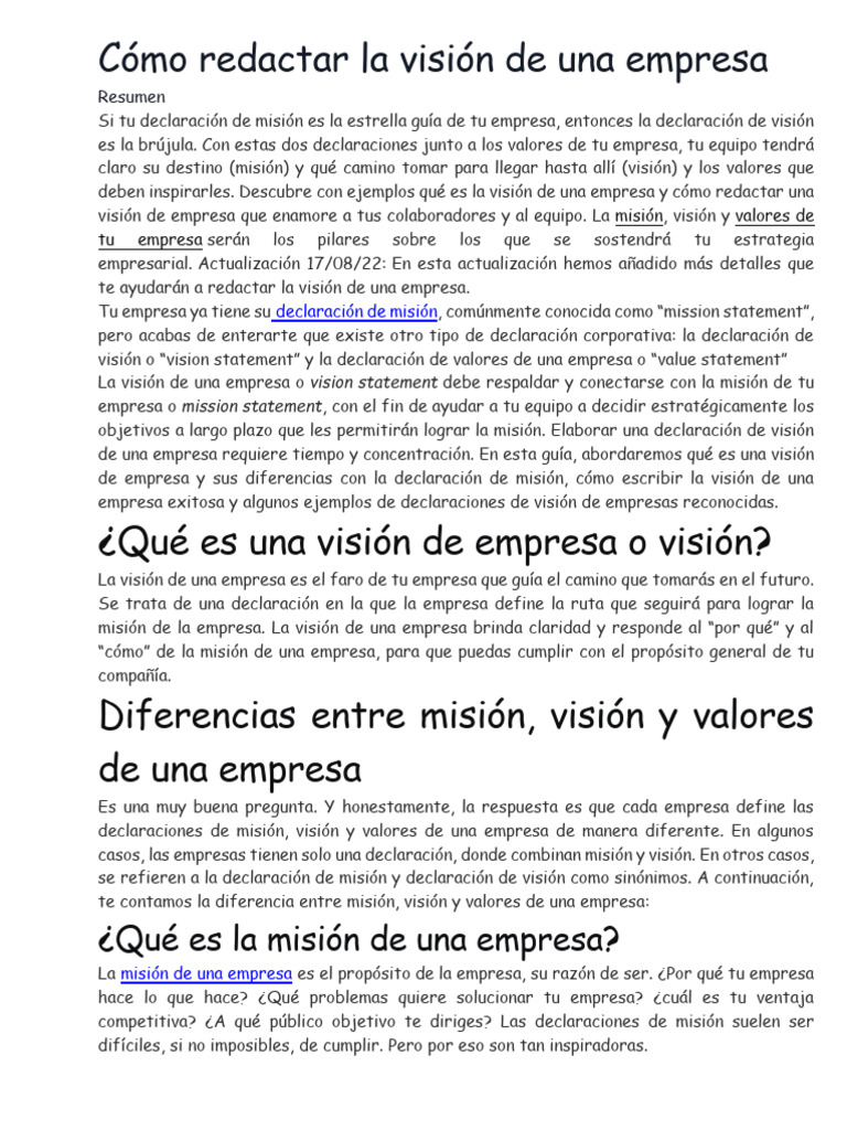 Cómo redactar la visión empresarial | PDF | Business | Planificación ...