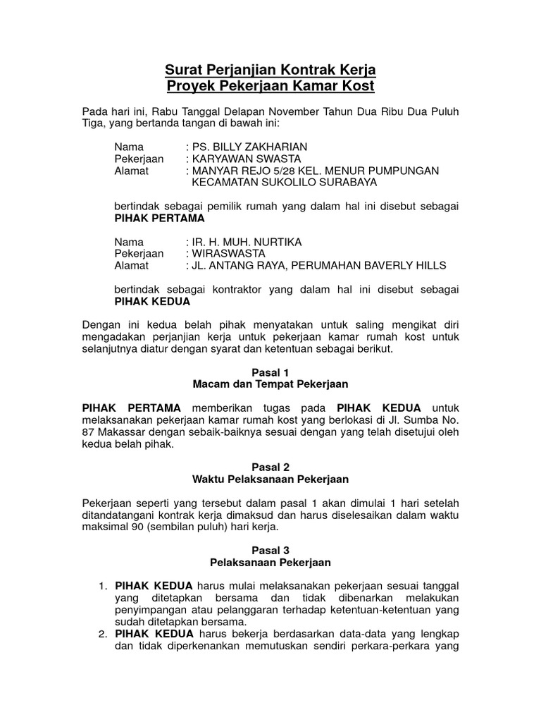 Kontrak Kerja Rumah Kost | PDF
