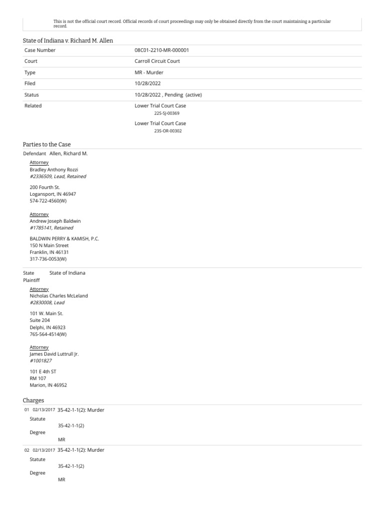 Indiana v. Allen: Murder Case Details | PDF | Courtroom | Discovery (Law)