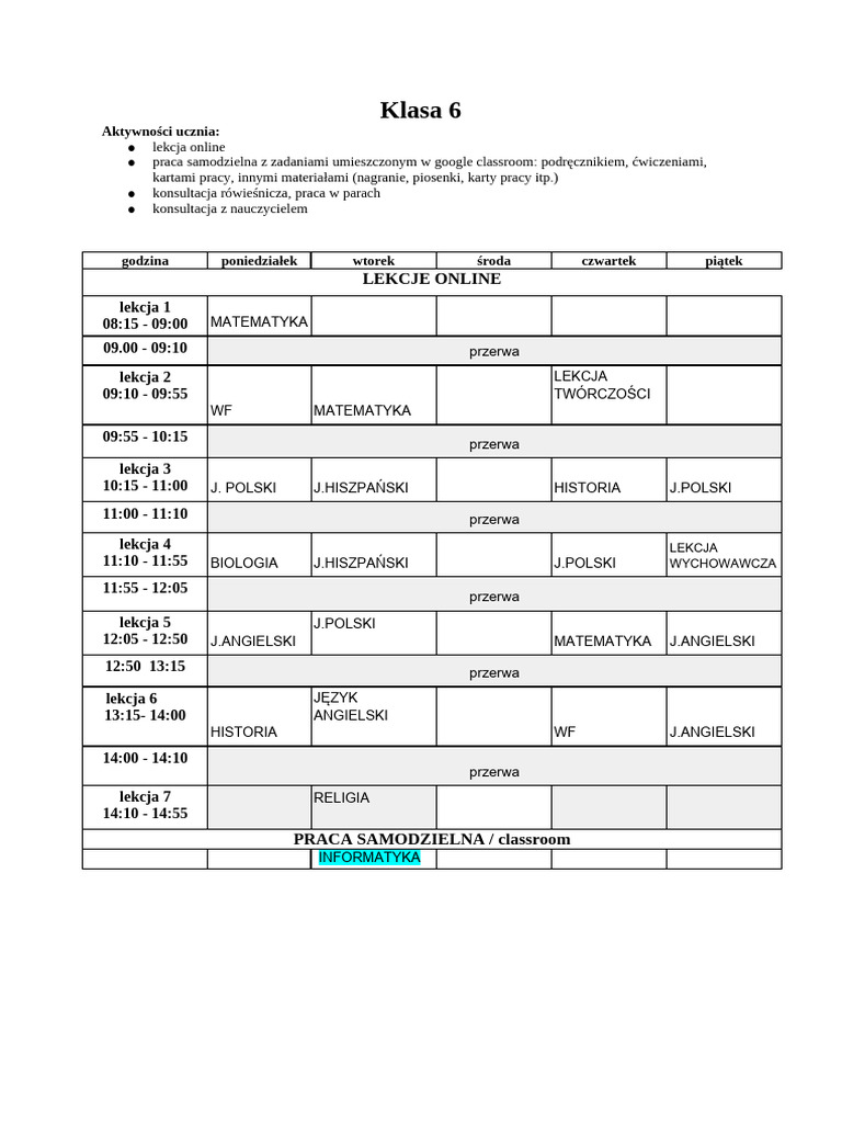KLASA 6 Plan Lekcji Od 9.11 | PDF