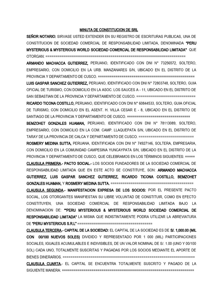 MODELO DE MINUTA DE CONSTITUCION DE EMPRESA | PDF | Pagaré | Turismo
