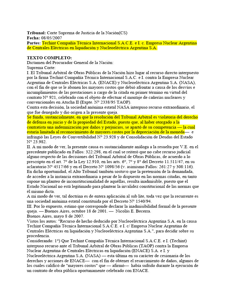 Techint C. Enace. CSJN 2007 | PDF | Jurisdicción | Daños y perjuicios
