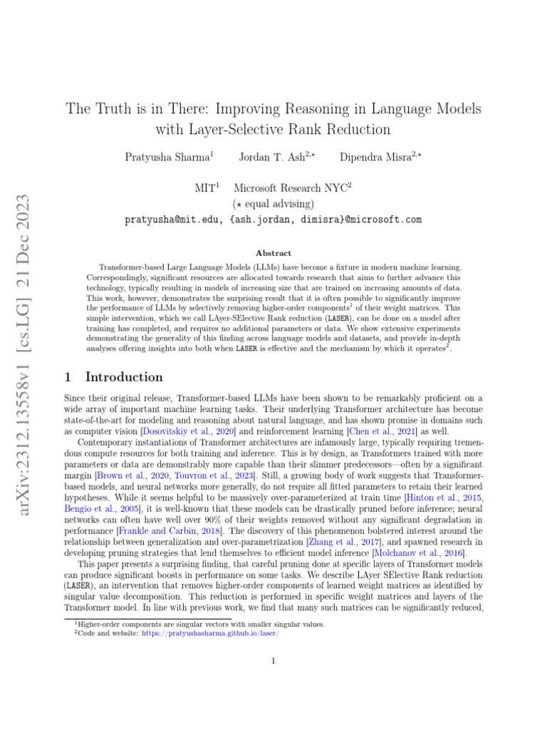 The Truth Is in There: Improving Reasoning in Language Models With Layer-Selective Rank ...
