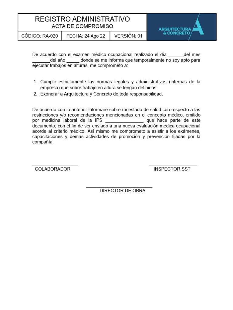 Ra-020 Acta Compromiso - No Trabajo en Alturas (v1) | PDF