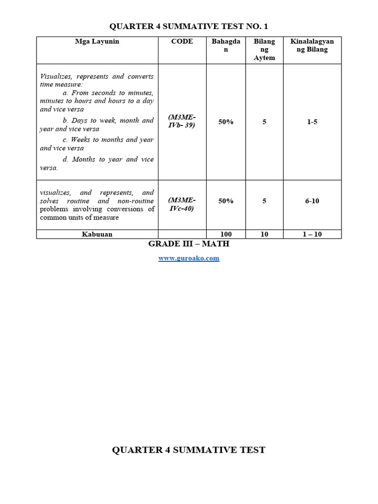 Q4 ST 1 GR.3 Math With Tos | PDF