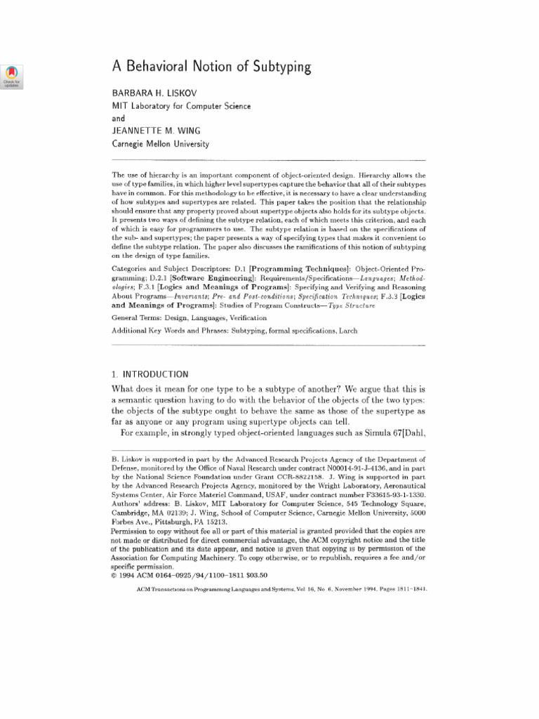 A Behavioral Notion Of Subtyping Pdf Object Computer Science Computer Programming 2801