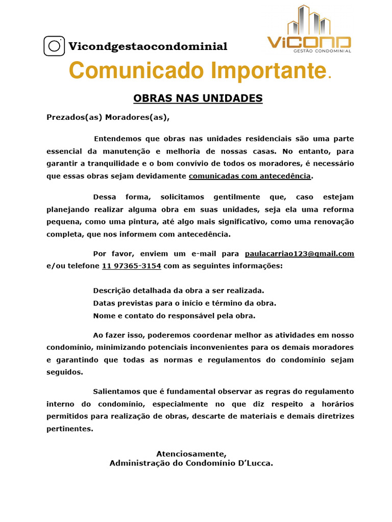 Comunicado Obras Unidades | PDF