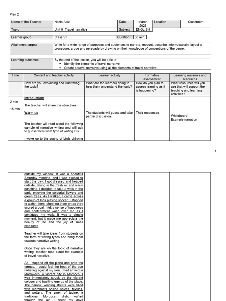 Lesson Plan - Travel Narrative | PDF | Narrative | Learning