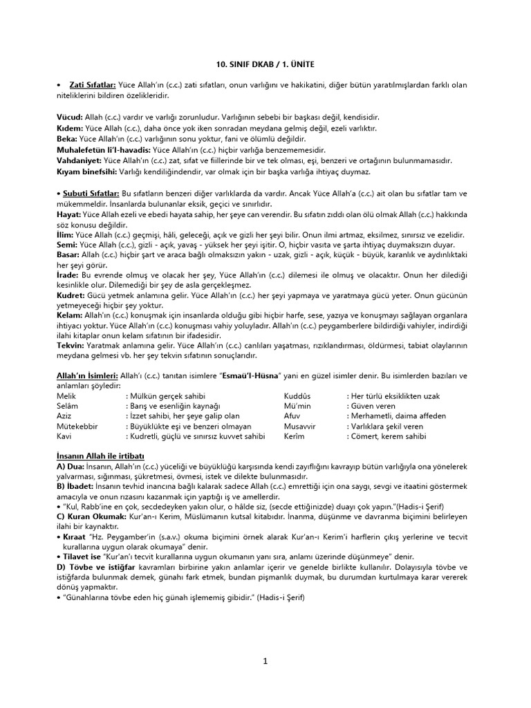 SINIF DKAB DERS NOTLARI (1 Ve 2. ÜNİTE) | PDF