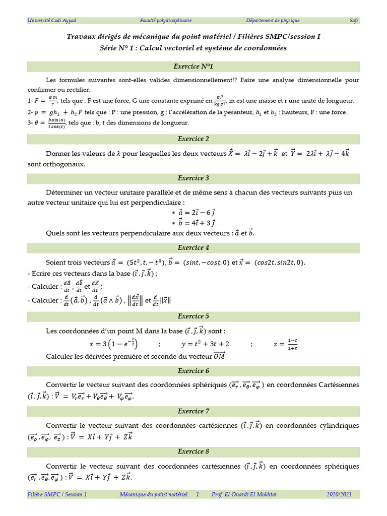 Série N°1 de MPM - 2020-2021 | PDF | Coordonnées cartésiennes | Rotation