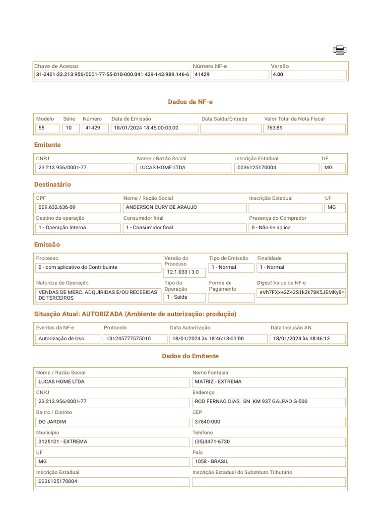 Nota Fiscal Eletrônica - Lucas Home LTDA | PDF | Recibo | Taxa de imposto
