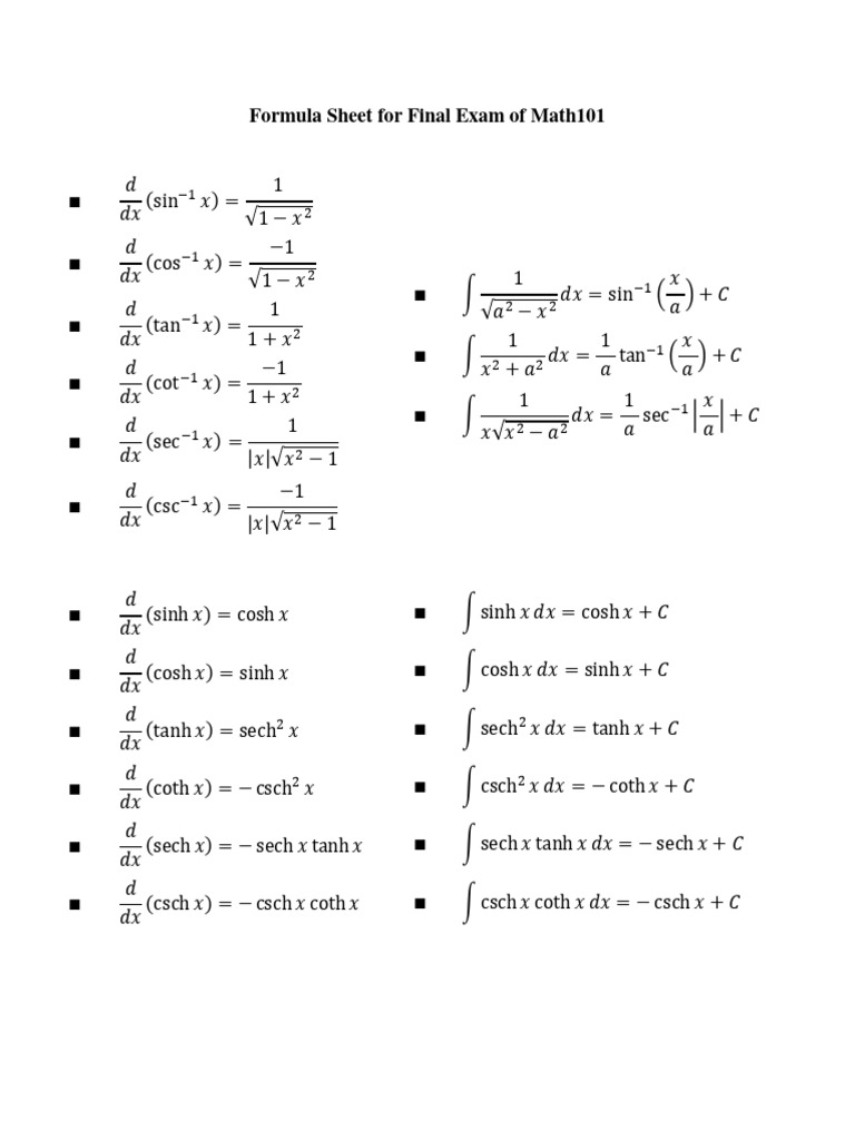 Formula Sheet For Final Exam of Math101 | PDF