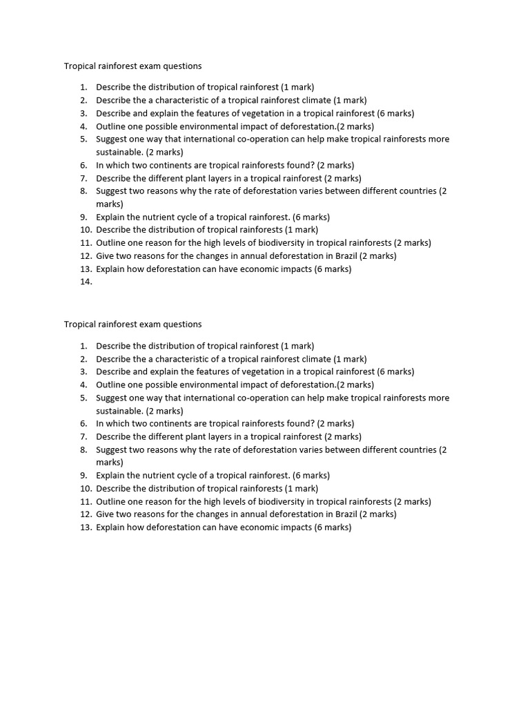 Tropical Rainforest Exam Questions | PDF