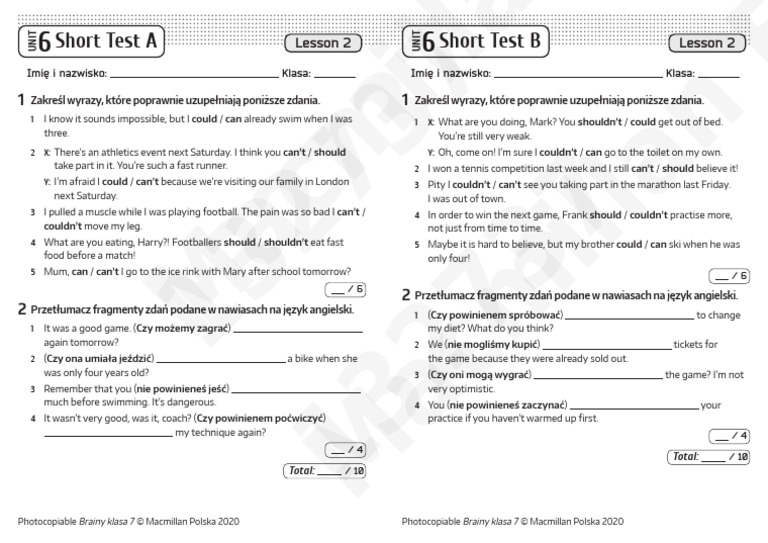 Brainy kl7 Short Tests Unit 6 Lesson 2 | PDF