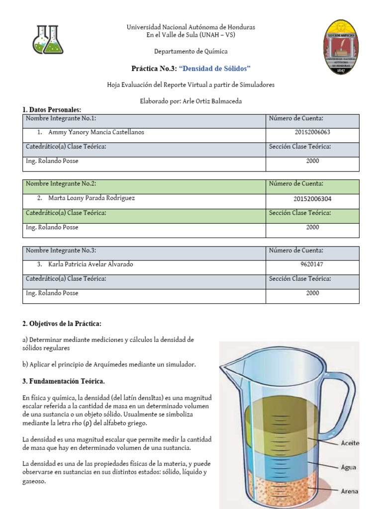 Práctica No.3:: "Densidad de Sólidos" | PDF | Densidad | Volumen
