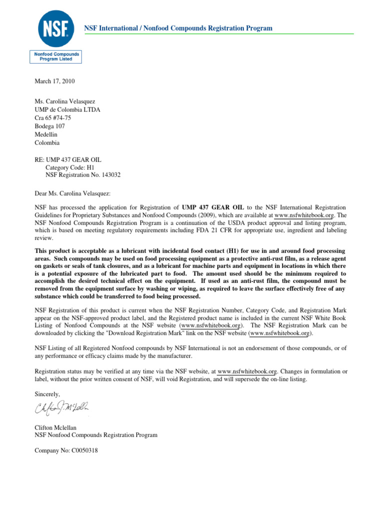 NSF International / Nonfood Compounds Registration Program | PDF