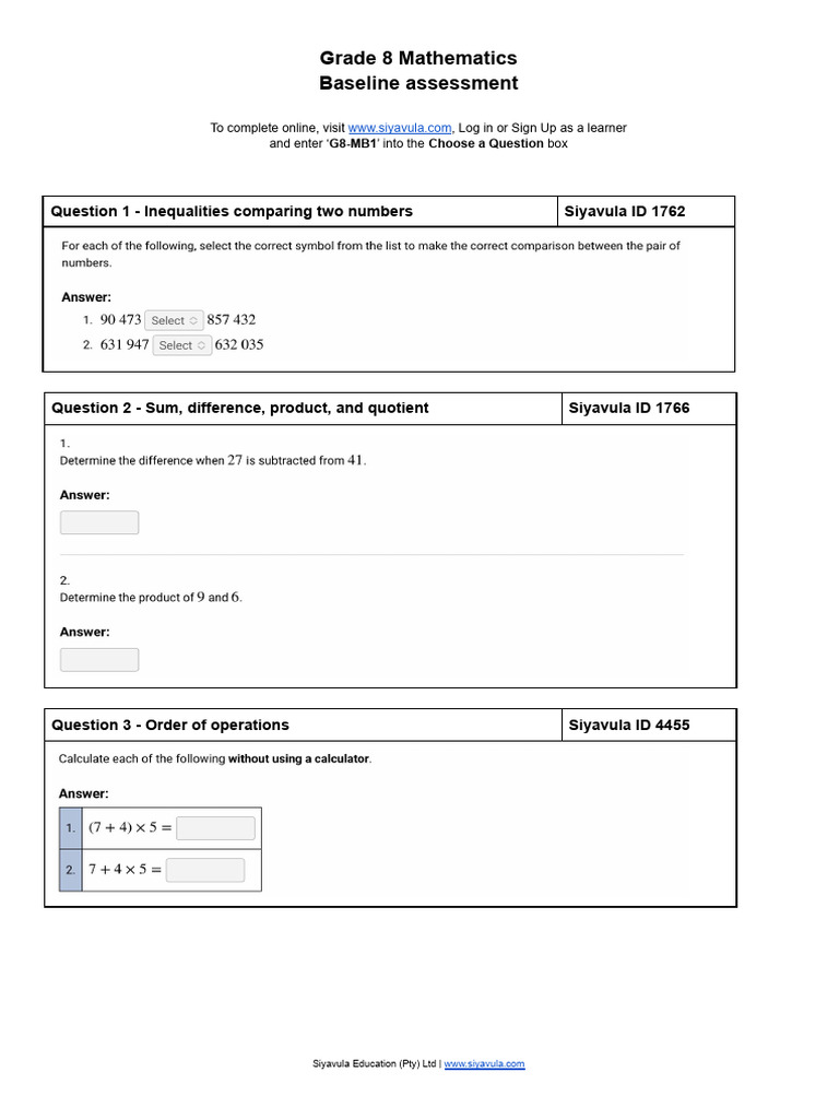 Grade 8 Mathematics Online Baseline - Siyavula - Printout | PDF ...