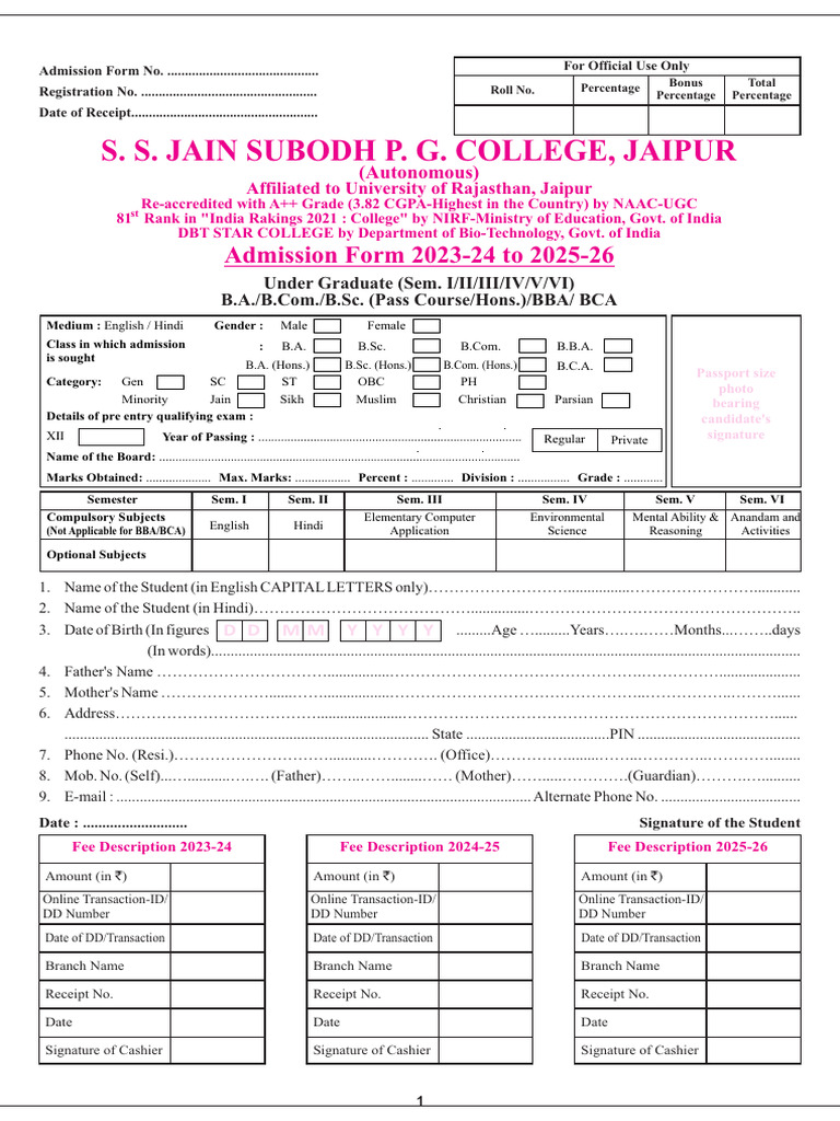 Admission Form UG 2023 | Download Free PDF | University And College ...
