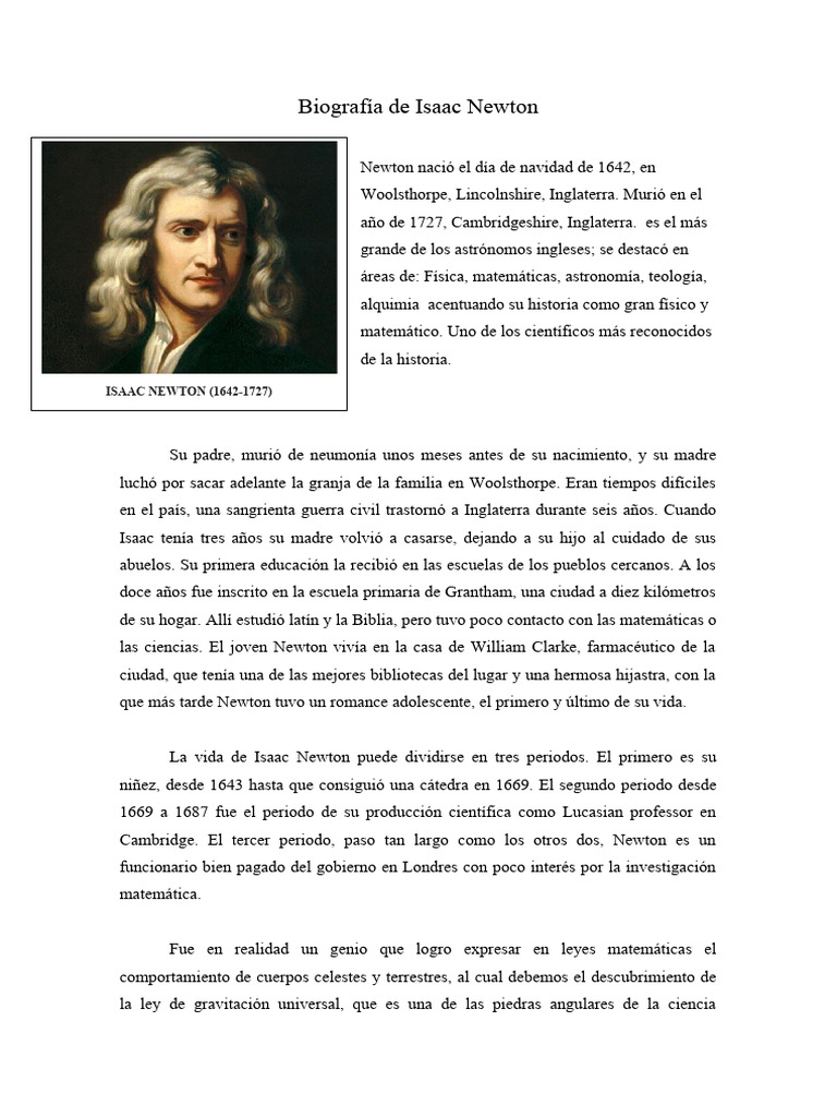 Biografía de Isaac Newton | PDF | Isaac Newton | Ley de Newton de la gravitación universal
