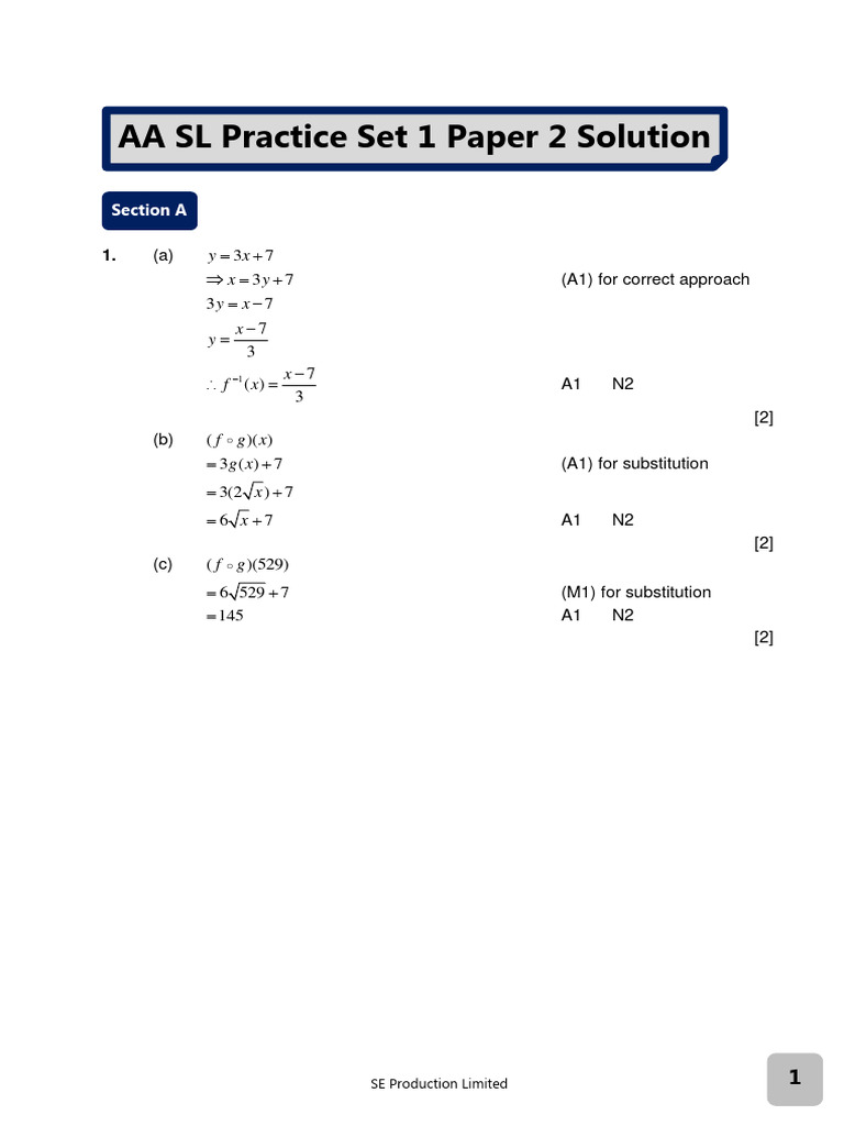 AA SL P2 Practice Paper Set 1 Solution | PDF | Mathematics | Mathematical Concepts