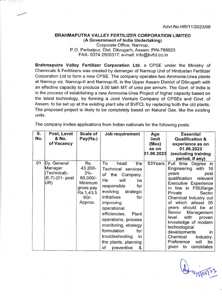 BVFCL Notification For Engineer Officer Chief Manager | PDF | Business