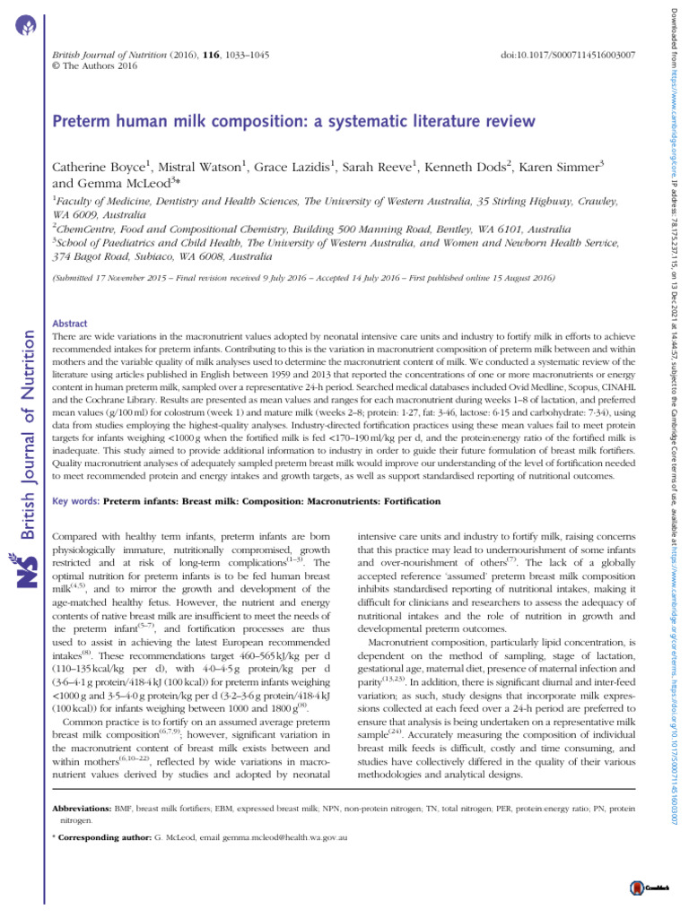 Preterm Human Milk Composition A Systematic Literature Review | PDF ...