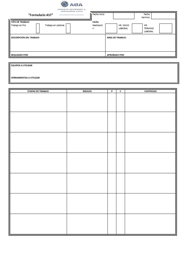 "Formulario AST": Tipo de Trabajo Fecha | PDF