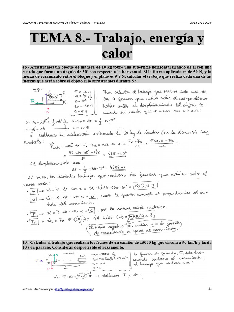 Ejercicios RESUELTOS Del Tema 8 (Trabajo, Energía y Calor) | PDF | Fricción | Velocidad