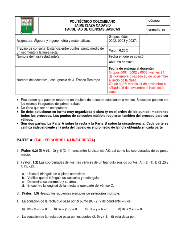 Ttrabajo # 2 de Consulta para Entregar 2023-2 | PDF | Línea (geometría ...
