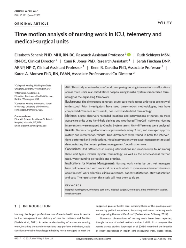 J Nursing Management - 2017 - Schenk - Time Motion Analysis of Nursing ...