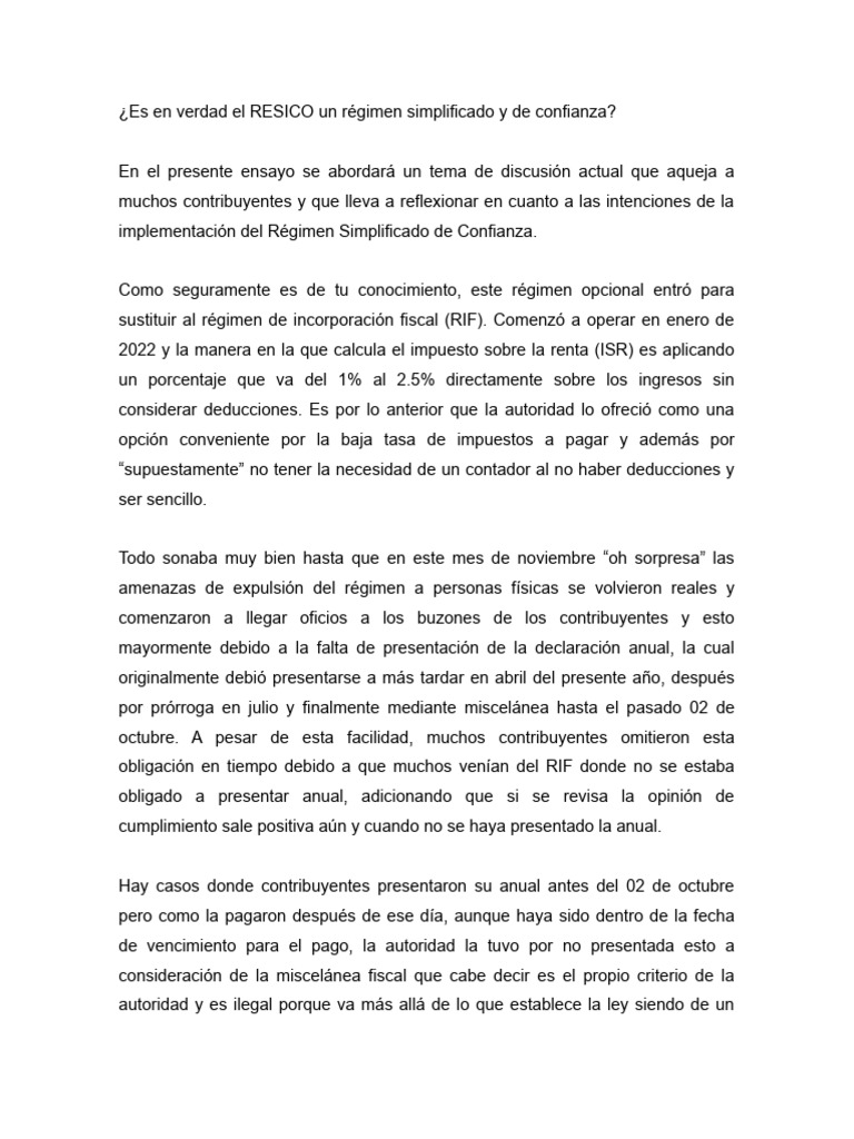 ¿Es en Verdad El RESICO Un Régimen Simplificado y de Confianza? | PDF ...