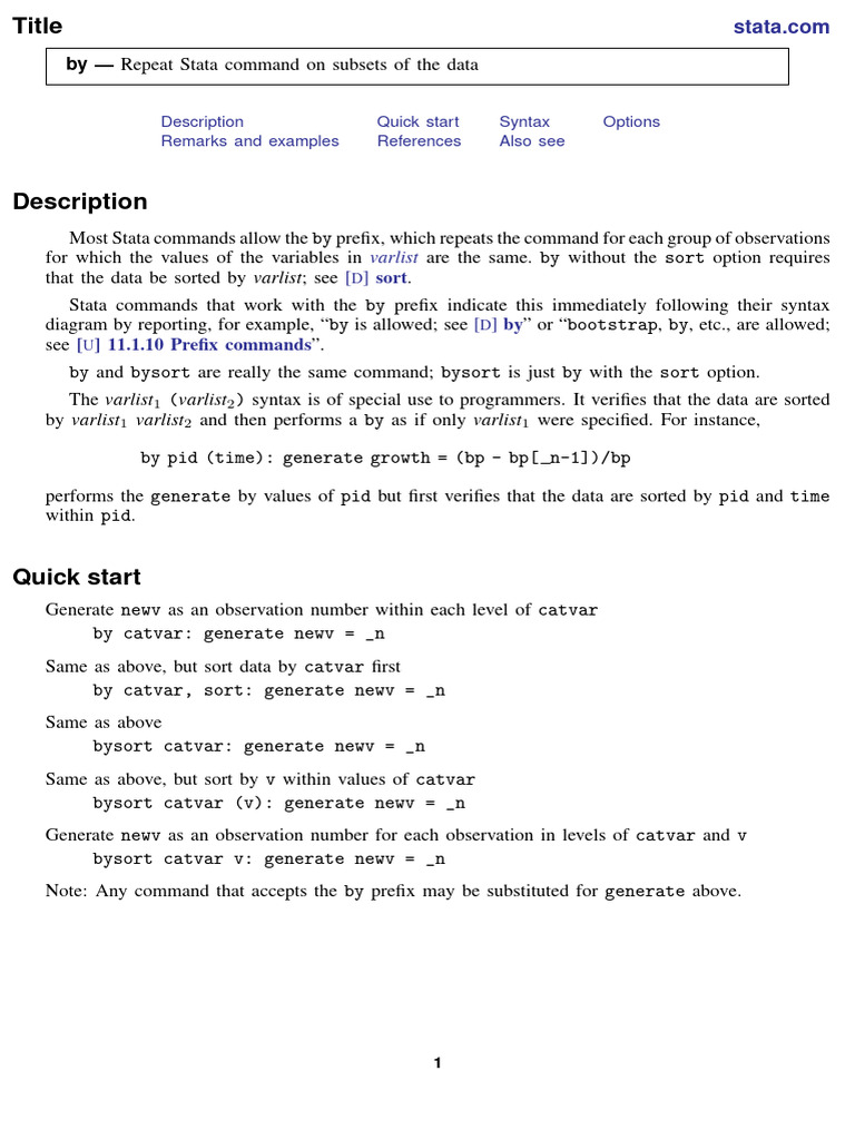 Stata User Guide Release 18 Data Management Bysort Pdf Software