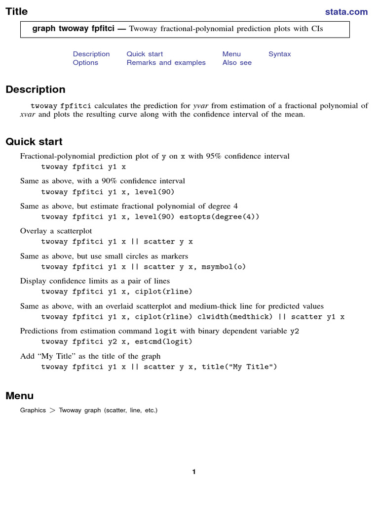 Stata User Guide Release 18 - Graphics, Graph Twoway Fpfitci | PDF | Scatter Plot | Confidence ...