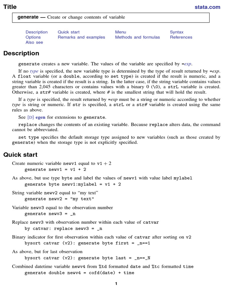 Stata User Guide Release 18 Data Management Generate Pdf Data Type Integer Computer