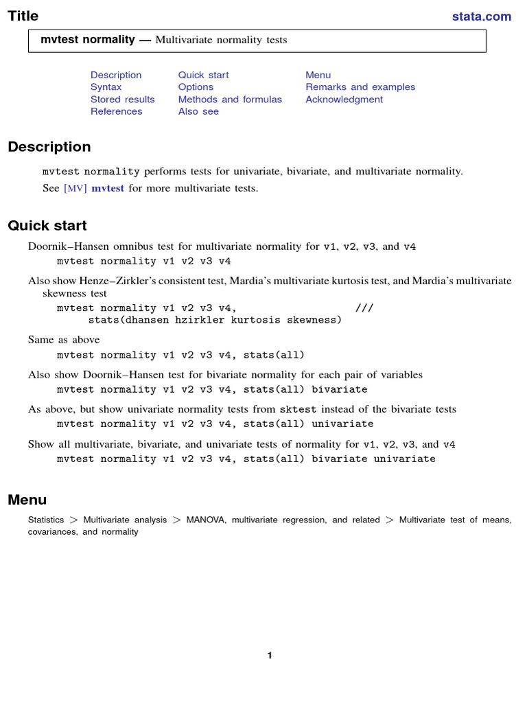 Stata User Guide Release 18 Multivariate Statistics Mvtest Normality Download Free Pdf