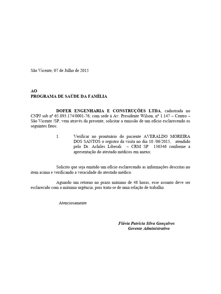 Modelo De Requerimento De Veracidade De Atestado Medico