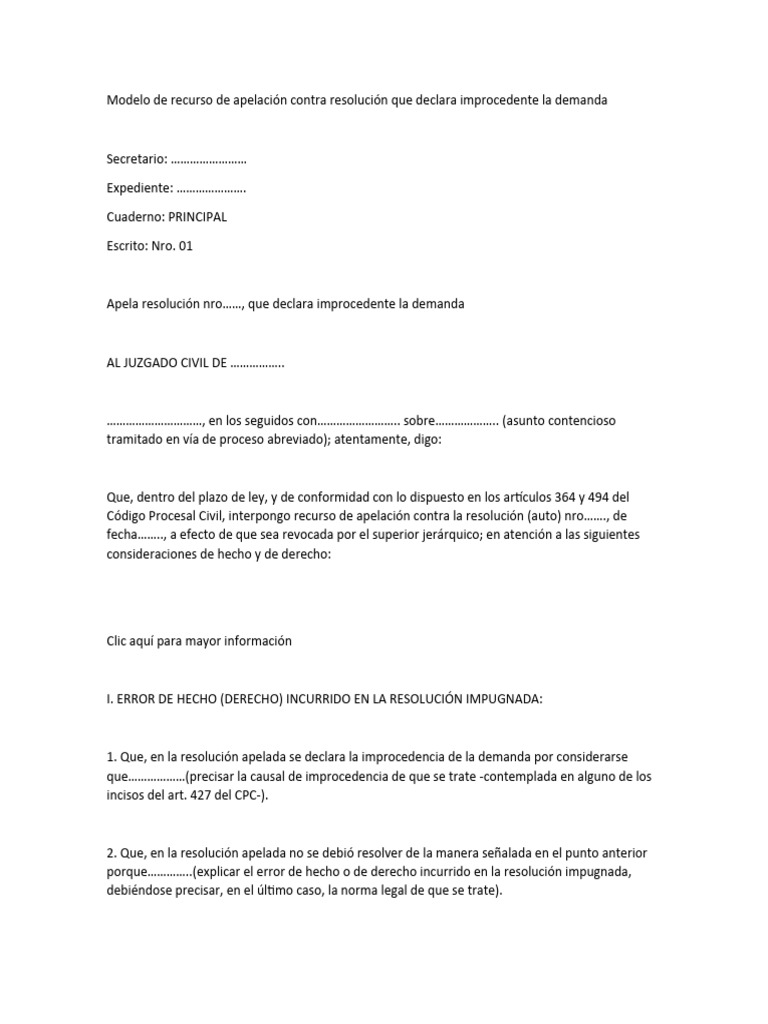 Modelo de recurso de apelación contra resolución que declara improcedente la demanda | PDF ...
