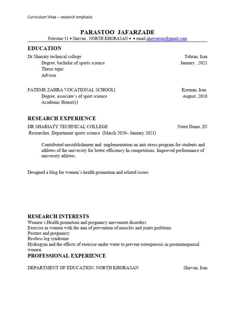 Research Emphasis CV Template 1 | PDF | Physical Therapy | Physical ...