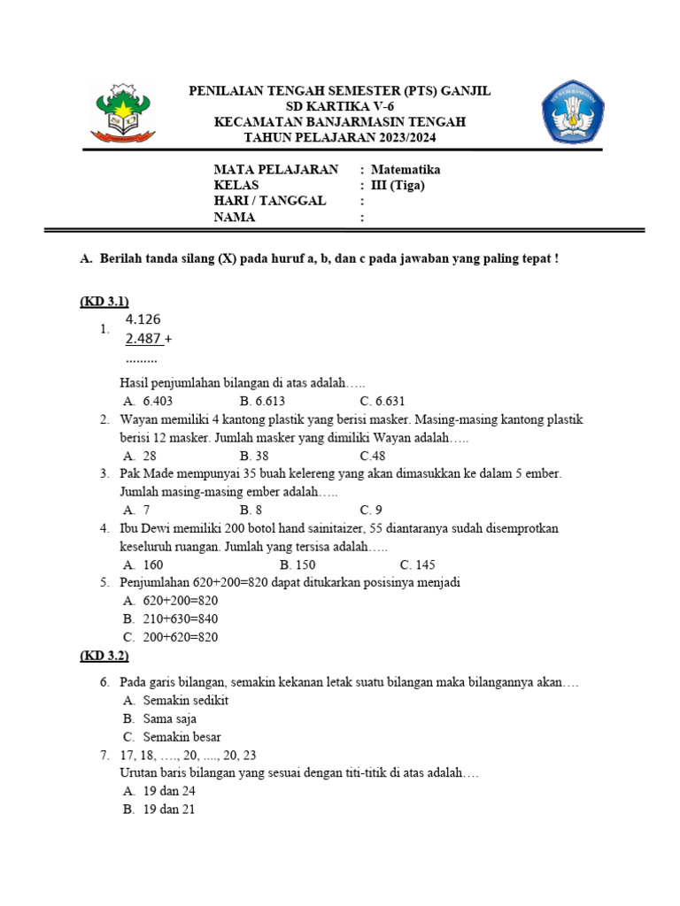 Soal PTS MTK KELAS III | PDF