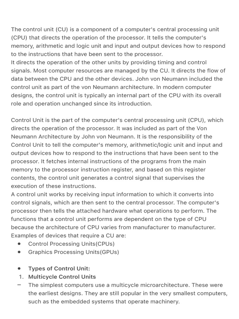 The Control Unit (CU) Is A Component of A Computer's Central Processing ... The Control Unit (CU) Is A Component of A Computer's Central Processing ...