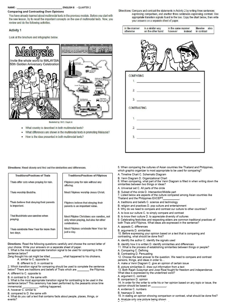 Comparing and Contrasting Own Opinions ACTIVITY | PDF