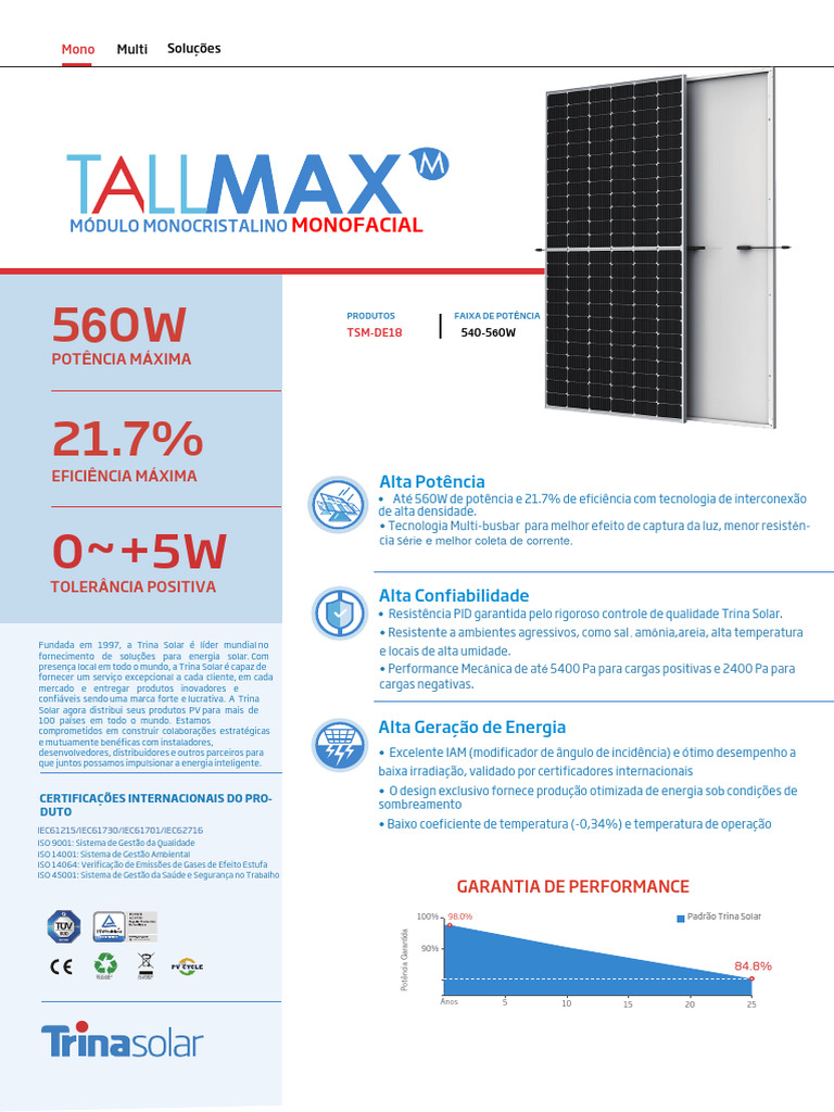 Datasheet Módulo Solar Trina 550W | PDF | Energia solar | Metrologia