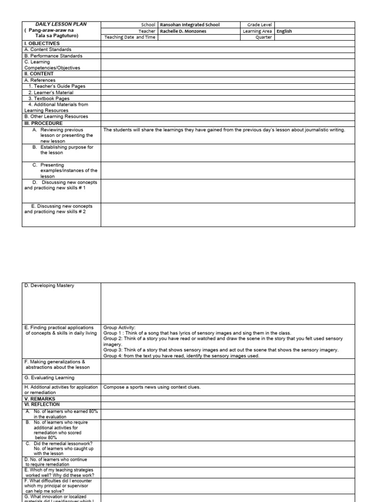 DLP For Demo Blank | PDF | Learning | Lesson Plan
