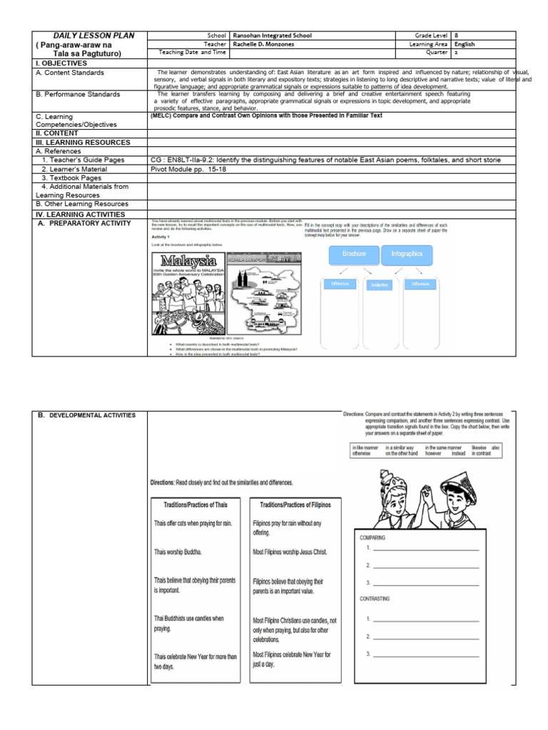 DLP EN8 Q2 Compare and Contrast Own Opinions With Those Presented in Familiar Text | Download ...